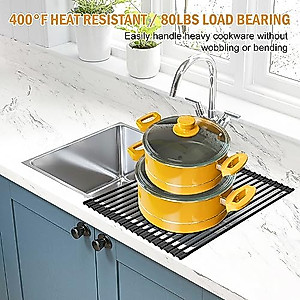 LEMIKKLE Roll Up Dish Drying Rack 17" x 13", Over The Sink Dish Drainer Rack, Foldable Sink Drying Rack, Anti-Slip Silicone Wrapped Dish Drainer for Kitchen Counter (Black 17" x 13")