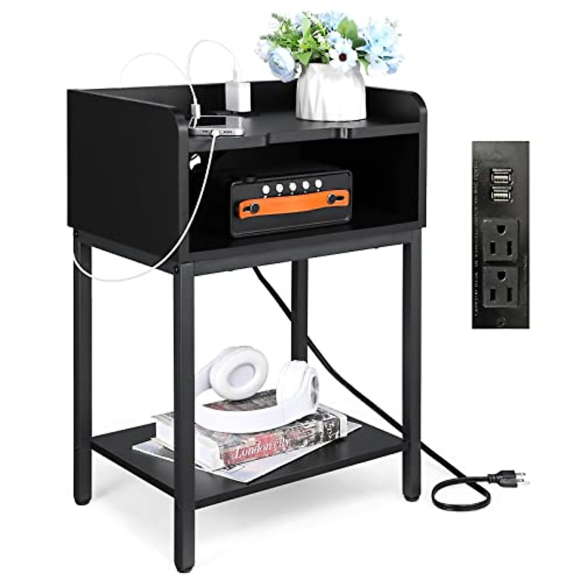 farexon Nightstand with Charging Station and USB Ports,Nightstand with Storage Drawer and Shelf, Small Bedside Table,End Table Night Stand for Bedroom(1 PCS, Black)