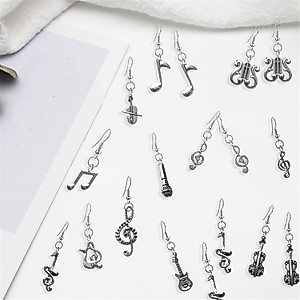 WUWEIJIAJIA 12 Pairs Lightweight Handmade Vintage Silver Music Note Dangle Drop Earrings Sets Musical Instrument Guitar Violin Earrings for Women Music Lover (Silver)