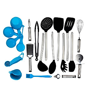 Kitchen Cooking Utensils Set Silicone with Stainless Steel handle Includes Cooking Spoon Spatula Tong Turner Whisk Ladle For Nonstick Cookware Dishwasher Safe BPA-Free