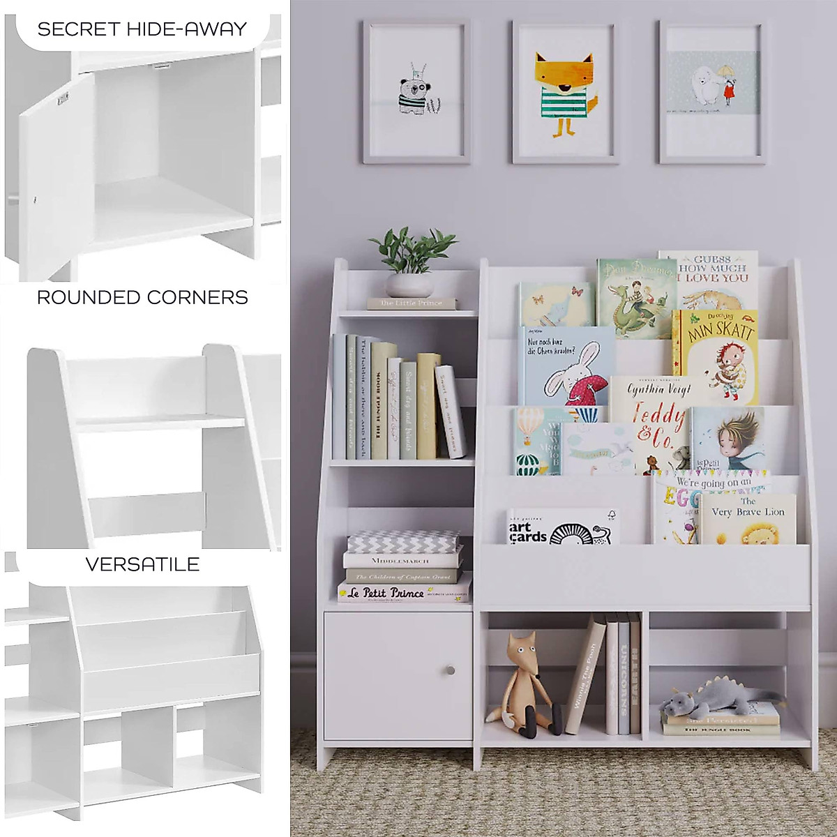 Sturdis Modern Rounded Edge Wooden Kids Bookshelf with Storage Cabinet, Book Organizer Storage Shelves for Bedrooms, Playrooms, and Nurseries, White