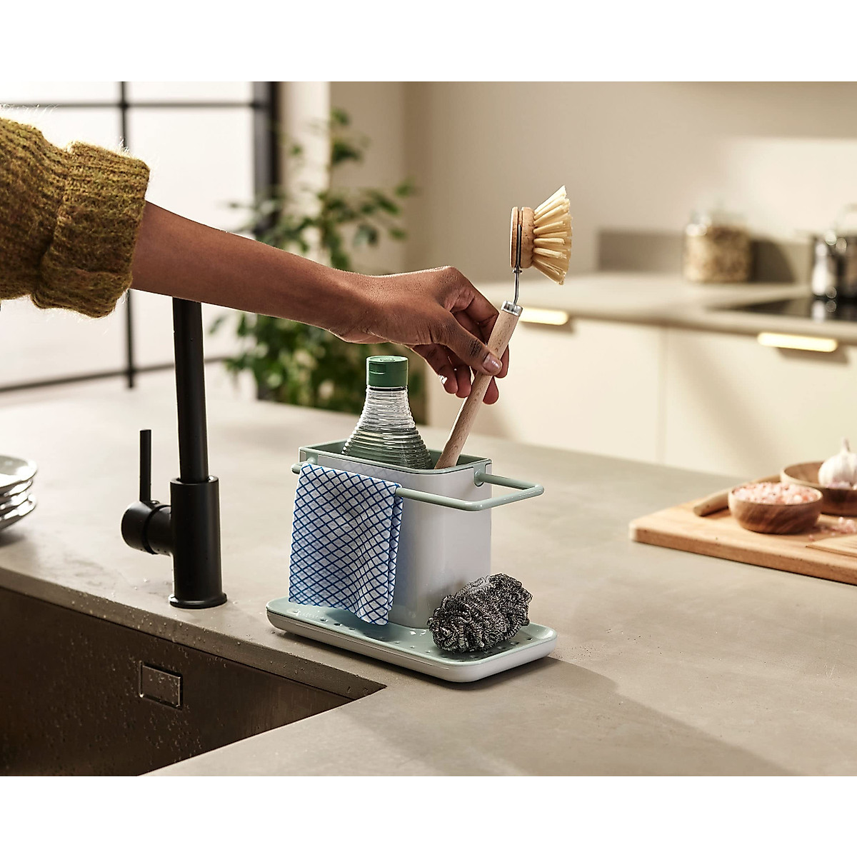 Joseph Joseph Kitchen Sink Caddy Organizer, Sponge Holder, Brush Holder, Dish Cloth Hanger - Light Stone/Sage