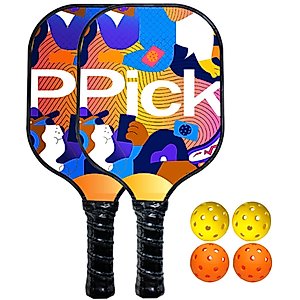 Pickleball Three-Piece Set，Pickleball，Glass Carbon Fiber Pickleball，Peak Racket，2 Sets of Pickleball Rackets，Set Contains 2 Peak Racket and 4 Pickleballs，Suitable for Young Beginners (Yellow)
