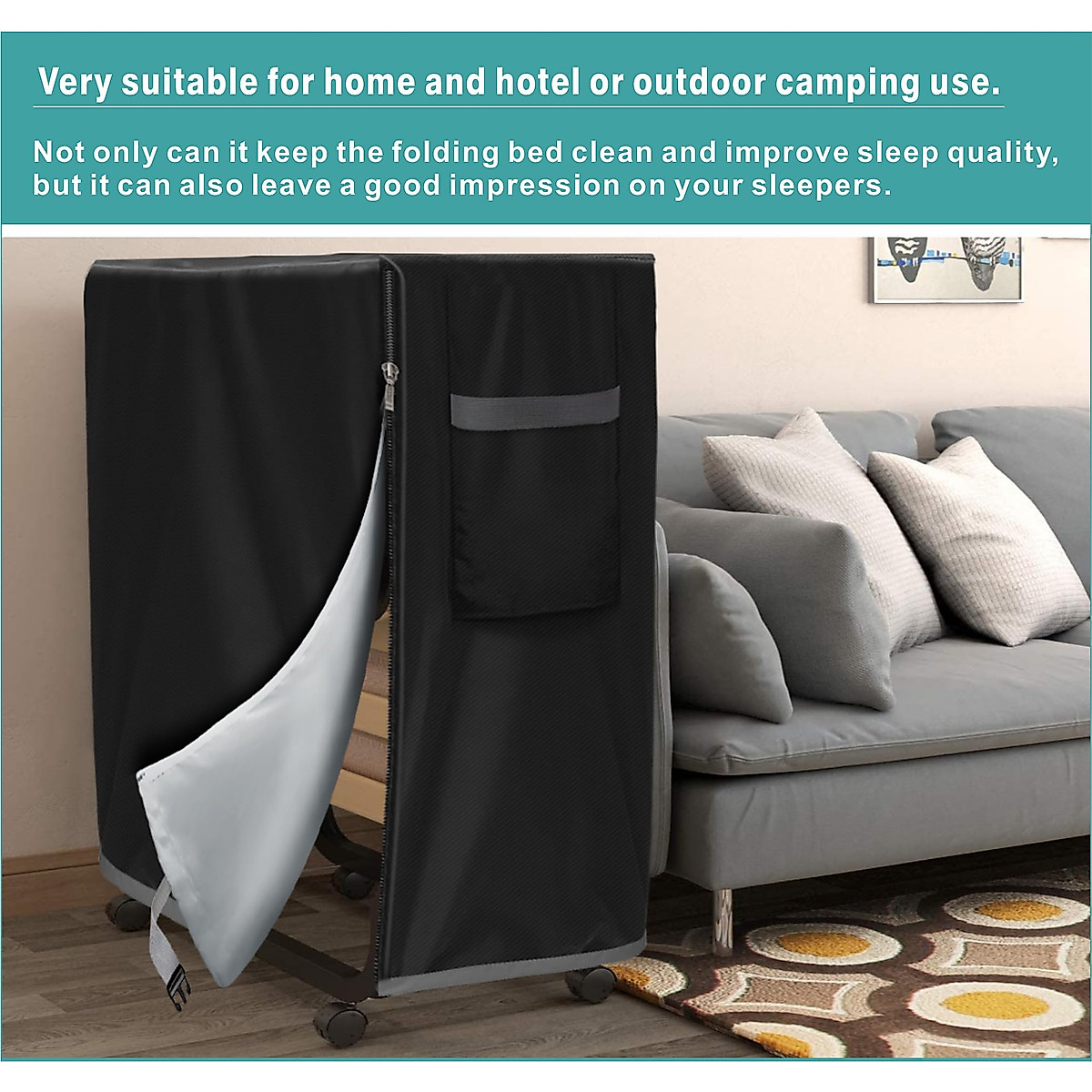 Folding Bed Storage Cover - 38" Waterproof Dustproof Universal Rollaway Bed Protector Cover - Fits 38 Inch Folding Bed (39 "L × 15" W × 44.8 "H) - Black