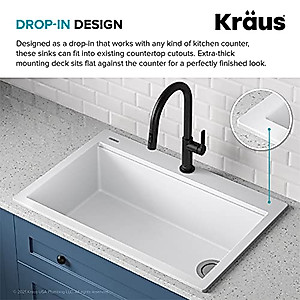 KRAUS Bellucci Workstation 33 in. Drop-In Granite Composite Single Bowl Kitchen Sink in White with Accessories with WasteGuard™ Continuous Feed Garbage Disposal, KGTW1-33WH-100-75MB