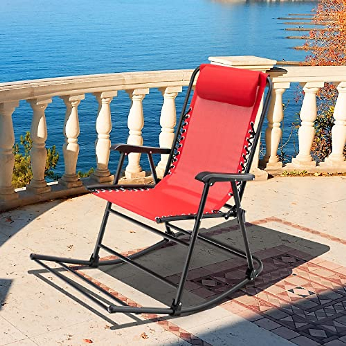 Tangkula Outdoor Folding Rocking Chair, No Assembly Required, Foldable Rocker Recliner with Headrest, Portable Lounge Chair for Camping, Patio, Lawn, Garden, Yard or Balcony