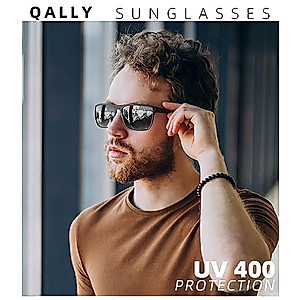 QALLY Retro Square Polarized Sunglasses for Men UV Protection Rectangular Outdoors Sunglasses with Trendy Frame, Black/Blue/Tawny
