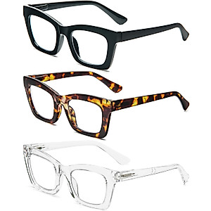 REAVEE 3 Pack Oprah Style Reading Glasses Blue Light Blocking Computer Square Readers for Women with Spring Hinge Anti Glare/Eyestrain 1.5