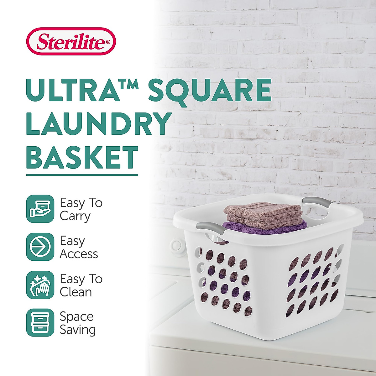 Sterilite 12178006 1.5 Bushel/53 Liter Ultra Square Laundry Basket, White Basket w/ Titanium Inserts, Pack of 6