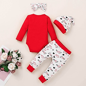 My 1st Valentine Outfits Infant Baby Girl Clothes Newborn Outfits Ruffler Floral Pants Bow Headband Hat 4pcs 3-6 Months Red