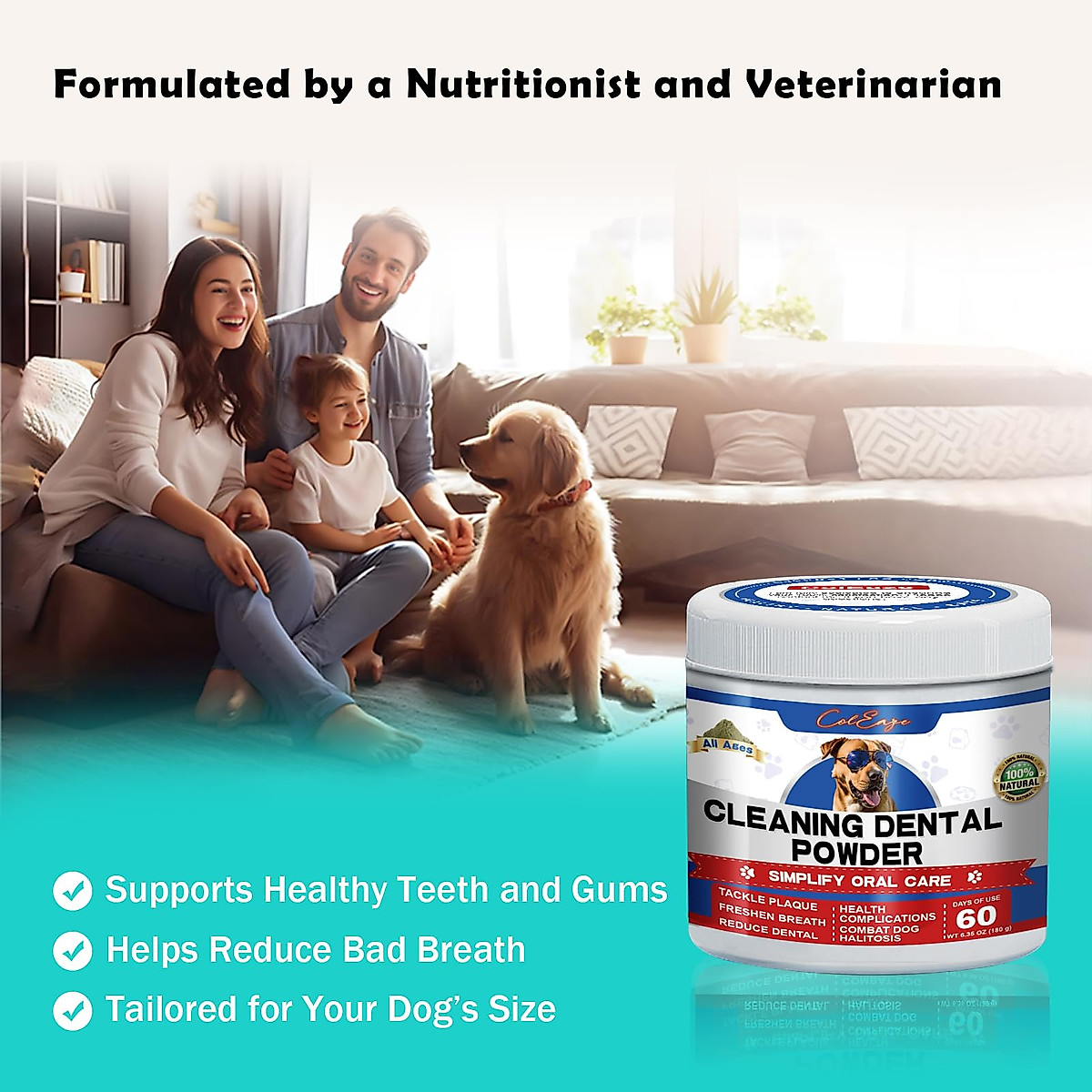 ColEaze Dog Teeth Cleaning Powder-Dog Dental Care and Bad Breath Treatment, Plaque Removal Herbal Dental Powder for Healthy Teeth & Gums for All Dogs