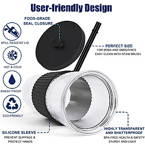 UHAPEER 2 Pack Reusable Boba Tea Cups, 24oz Iced Coffee Cup with Straw and Lid, Leakproof Clear Plastic Cups Tumbler, Double Wall Insulated Smoothie Tumbler, Wide Straw for Bubble Tea, Black and White