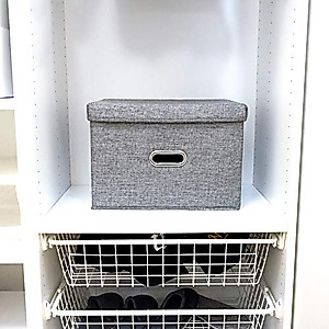 Storage Cube with Lid, Fabric Basket Bin with Dual Handles, Decorative Linen Storage Container Clothes Basket for Closet, Shelves, 15" x 11" x 10.2", Grey