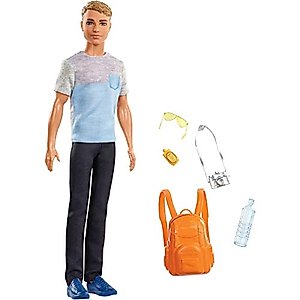Barbie Ken Doll & 5 Travel-Themed Accessories, Includes Backpack that Opens & Closes, Fashion Doll with Dark Brown Hair