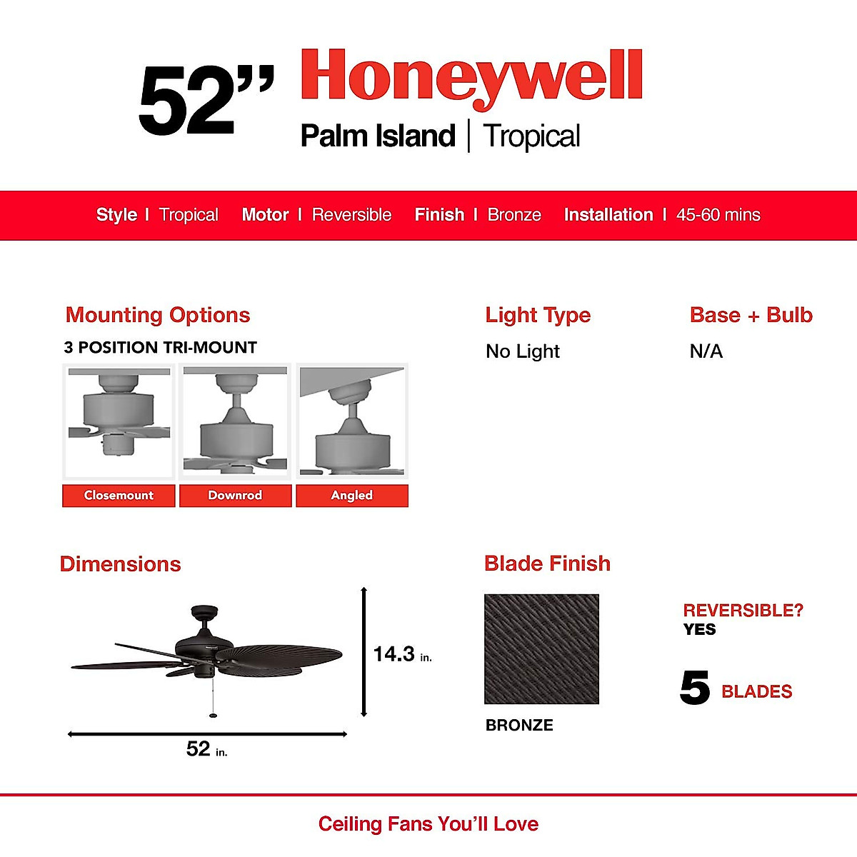 Honeywell Ceiling Fans Palm Island, 52 Inch Tropical Indoor Outdoor Ceiling Fan with No Light, Pull Chain, Three Mounting Options, 5 Palm Leaf Blades, Wet-Rated - 50207-01 (Bronze)