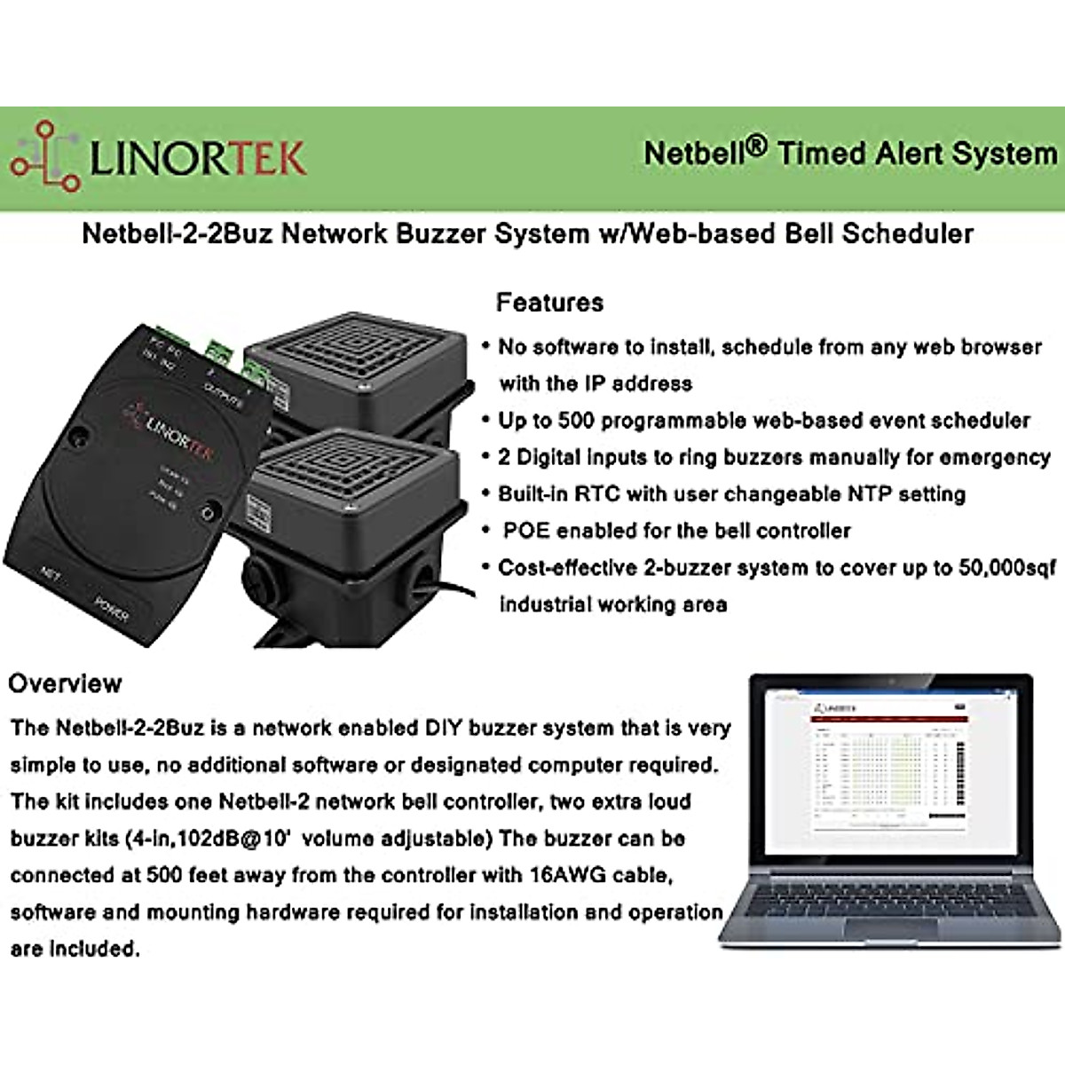 Linortek Netbell-2-2Buz TCP/IP Network Break Buzzer System with Two 4” Extra Loud Buzzers for Industrial Factory Warehouse Lunch Break Time Alert Signalling w/Web-Based Scheduling Software