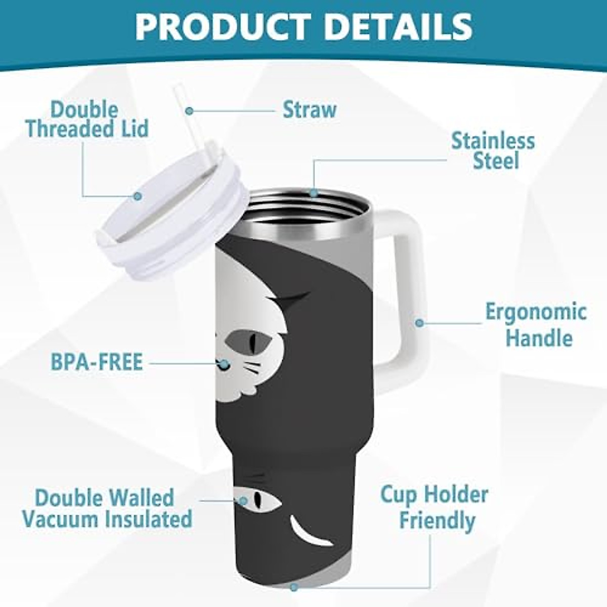 RPLIFE White Black Yin Yang Cats 40 Oz Tumbler, Stainless Steel Tumbler with Straw, Tea Tumbler