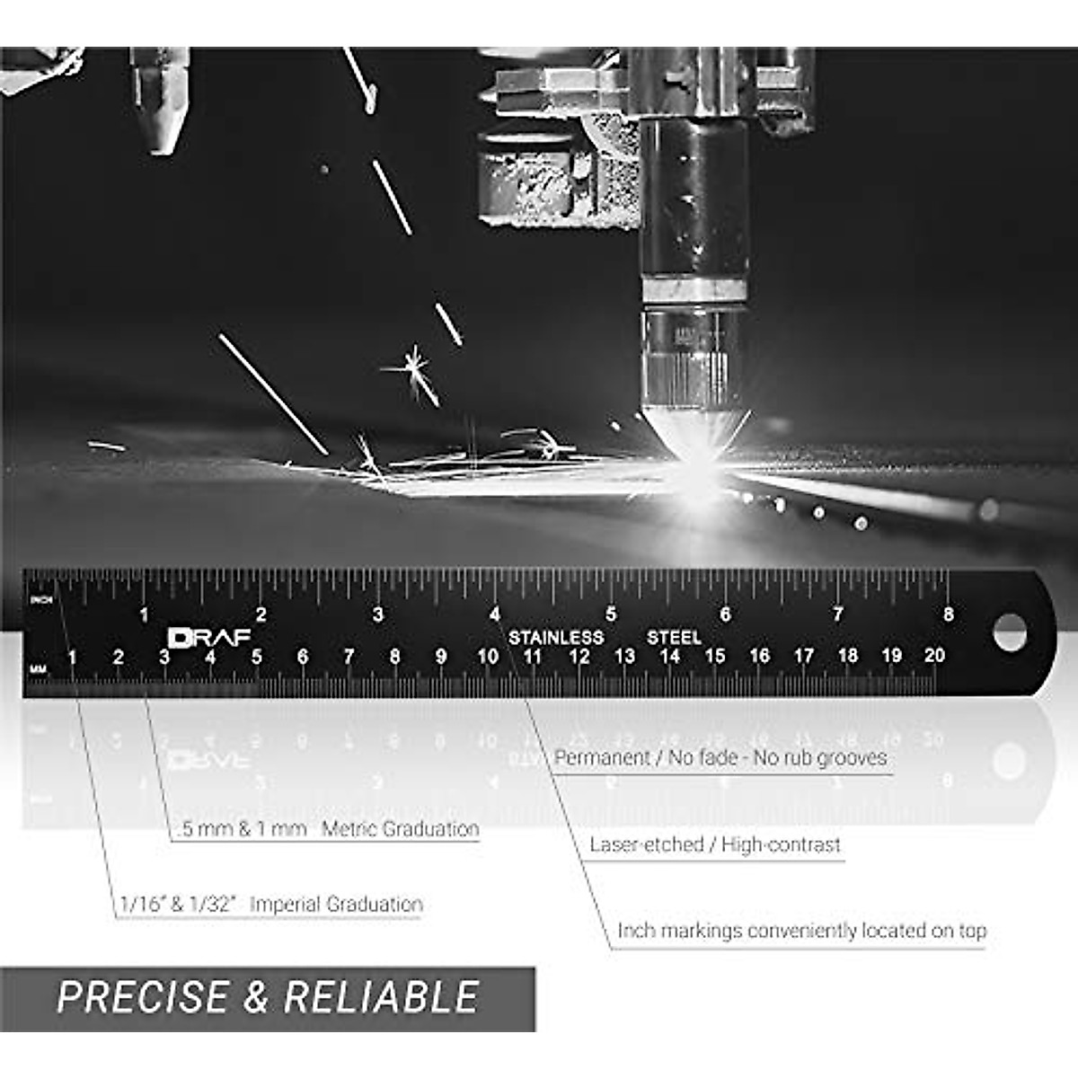 Steel Black Metal Ruler Set - 12, 8, 6 Inch Measuring Kit - Straight Edge Drafting Tool for Architects, Engineers, Crafts, Woodworking - Imperial and Metric Graduations - Protective Pouch Included