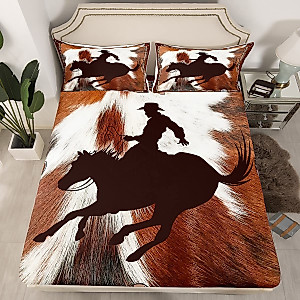 Western Cowboy Sheet Set King Size Brown Cow Fur Print Fitted Sheet Rustic Farmhouse Bedding Set 4Pcs for Kids Boys Men Teens Room Decor Horse Racing Themed Top Flat Sheet,2 Pillowcases