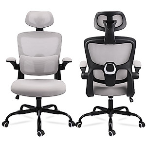Ergonomic Office Chair Mesh Desk Chair Lumbar and Back Support Computer Chair with Adjustable Headrest Pillow 360 Swivel Casters and Flip-up Armrests for Home Office (Gray)
