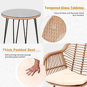 Tappio 3 Piece Outdoor Wicker Furniture Patio Bistro Set, Balcony Furniture Rattan Conversation Sets, Outdoor Patio Chairs Set for Porch Poolside Garden, Beige