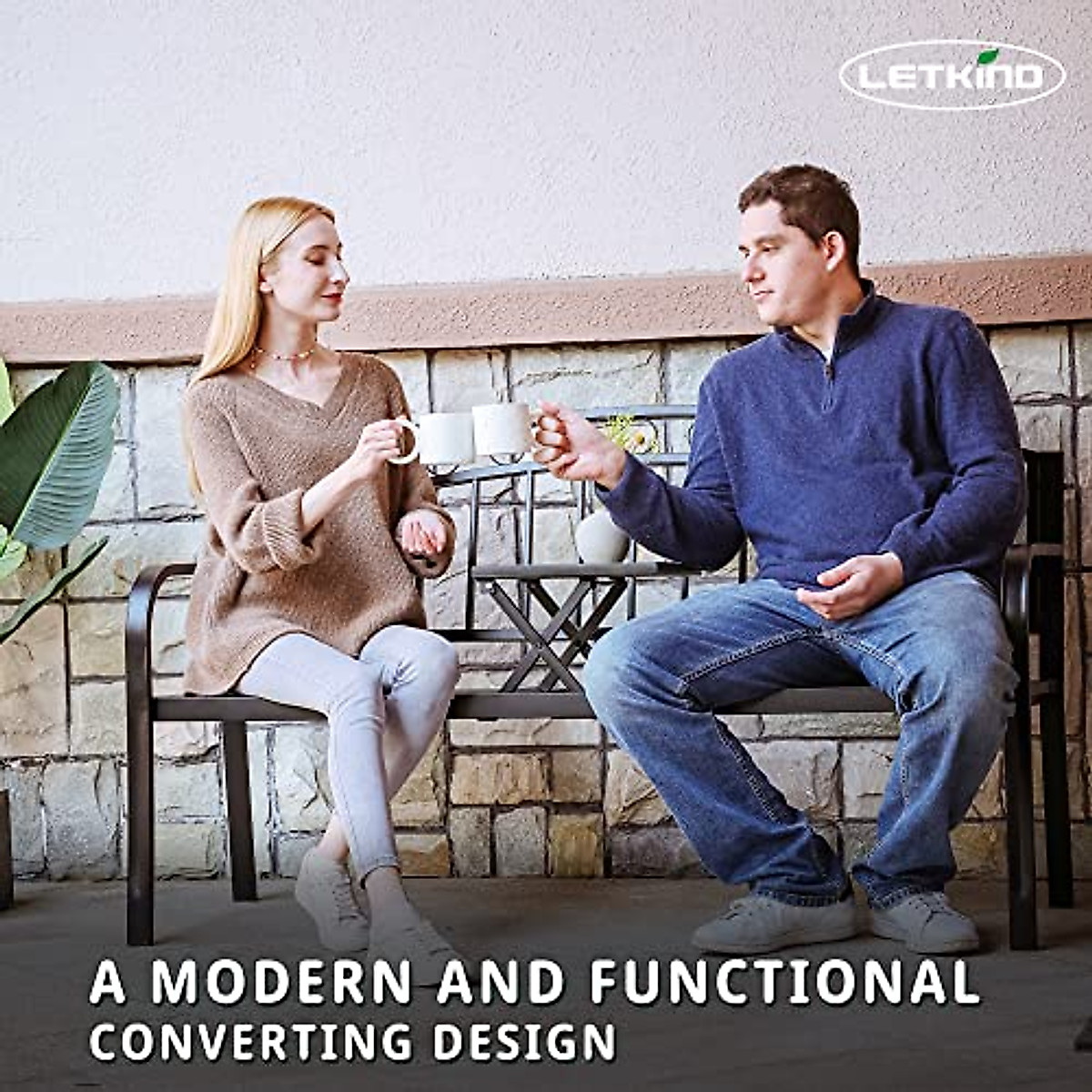 LETKIND 59" Outdoor Metal Bench Table Patio Garden Benches 3-Seater with Steel Frame for Porch, Backyard, Park