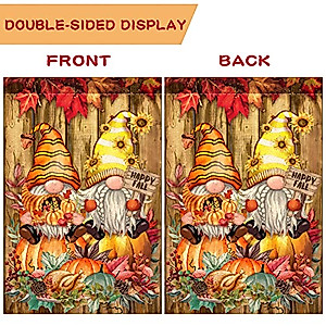 JOPHMO Fall Garden Flag, Happy Fall Gnomes Pumpkins Small Garden Flags 12x18 Inch, Double Sided Vertical Burlap Yard Flag Home Seasonal Outdoor Decor