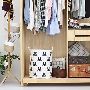 Sea Team 19.7" Large Sized Waterproof Coating Ramie Cotton Fabric Folding Laundry Hamper Bucket Cylindric Burlap Canvas Storage Basket with Cute Bunny Design (Black)