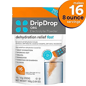 DripDrop ORS - Patented Electrolyte Powder For Dehydration Relief Fast - For Workout, Sweating, Heat, & Travel Recovery - Orange - 16 x 8oz Servings