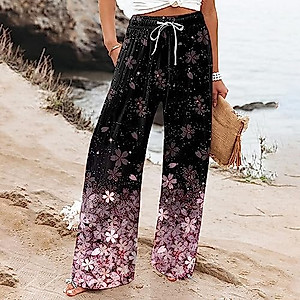 High Waisted Pants for Women, Casual Loose Waist Cotton Linen Wide Leg Long Pants with Pockets Womens Palazzo Pants Fold Over Yoga Women Dress Slacks Work Pants Work Pants (XL, Pink)