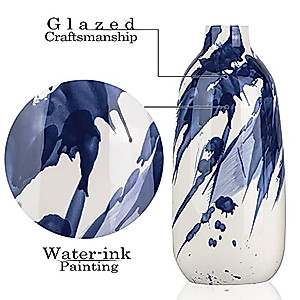 TERESA'S COLLECTIONS Modern Ceramic Vase, Home Decor Accents, Navy Blue and White Vases for Flowers, Decorative Vases for Table Centerpieces, Mantel, Shelf, Living Room -Set of 2, 7.2″ & 11.4″