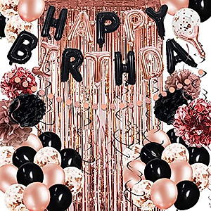 Black Rose Gold Birthday Party Decorations for Women Girls, 78 Pack Black Rose Gold Confetti Balloons, Curtains, Paper Flowers, Hanging Swirl and Circle Dot Garland for Girl Women