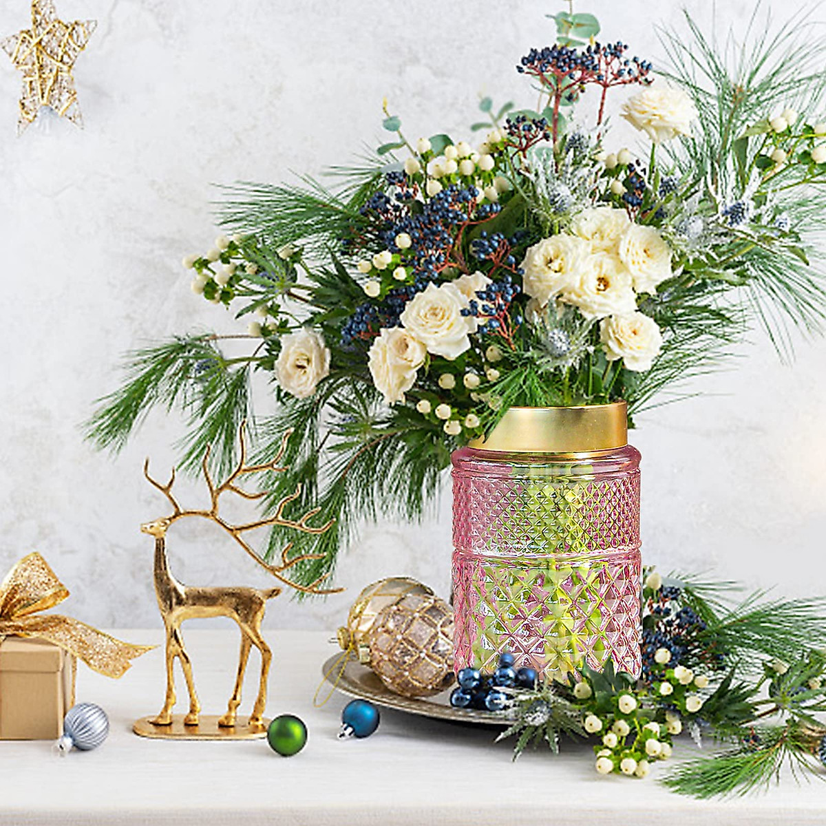 2-Pack Flower Vase Glass, Pink Fluted Vase with Golden Metal Top, Stylish Decorative for Tabletop Centerpiece, Kitchen, Living Room, Bedroom, Bathroom, Office(Blush Pink-Set of 2)