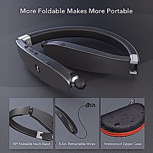 Neckband Bluetooth Headphones w/ 30hrs Playback, Wings Foldable Wireless Headset Retractable Earbuds, Around The Neck in Ear Earphones w/Noise Cancelling Microphones, Work from Home, Office, Commute