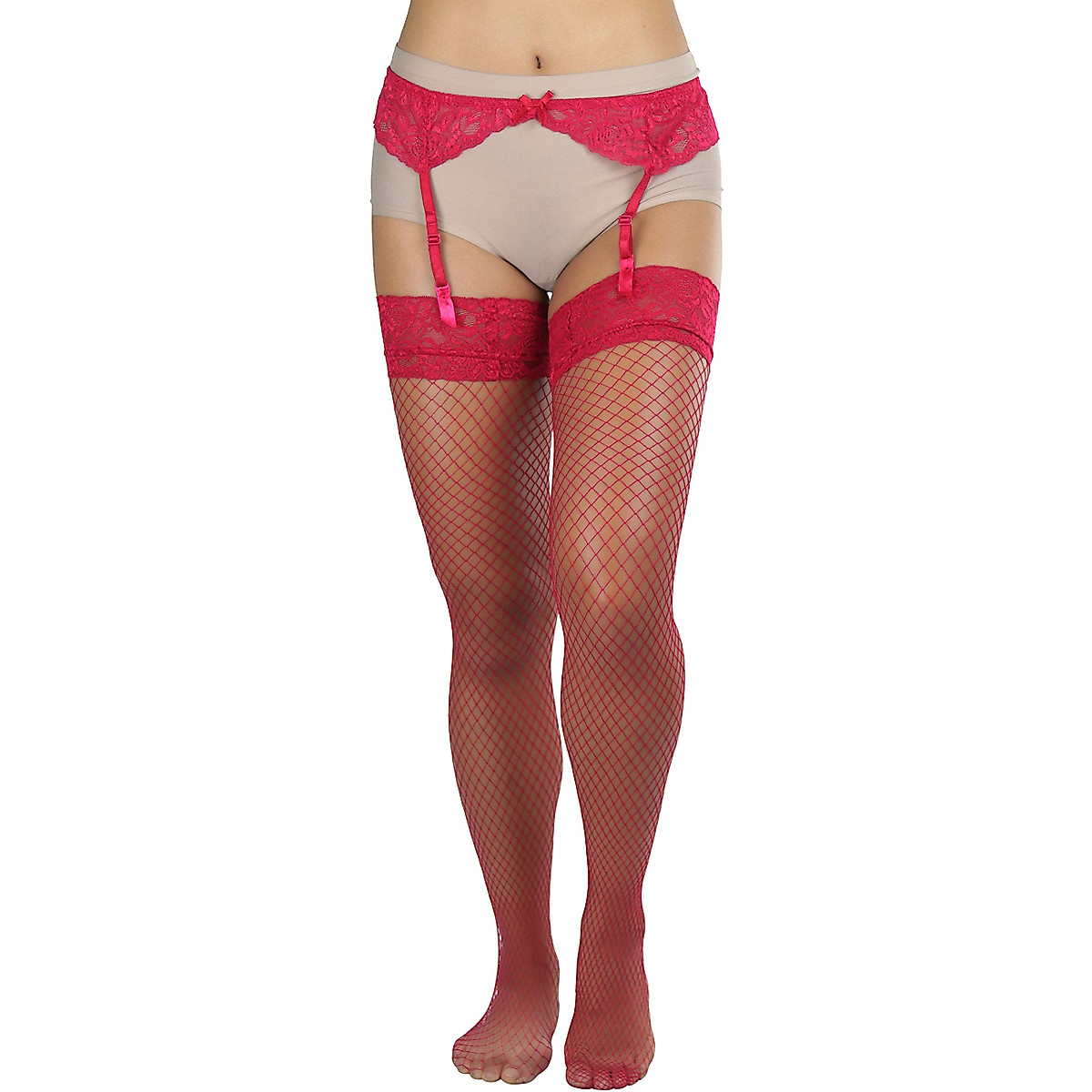 ToBeInStyle Women's Two Piece Fishnet Lacetop Stocking with Lace Garter Belt - Red