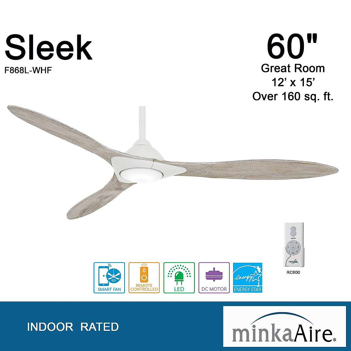 Minka Aire F868L-WHF Sleek 60" Ceiling Fan with LED Light and Remote Control, Flat White