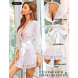 RSLOVE Women Lace Kimono Robe Babydoll Chemise Lingerie Bride Robe for Wedding Party White S