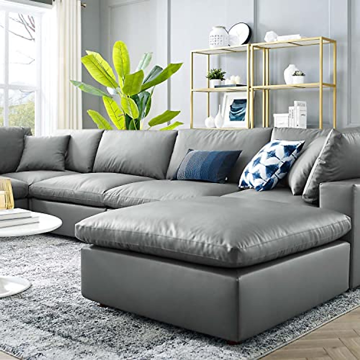 Modway Commix Down-Filled Overstuffed Vegan Leather 7-Piece Sectional Sofa in Gray