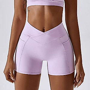 Workout Sets for Womem 2 Piece Criss Cross Back Sport Bra Cross Waist High Waist Booty Shorts with Pocket Exercise Gym Yoga Outfits Cross Back Purple Large