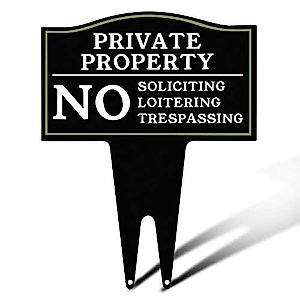 CIGERA Private Property No Trespassing, No Soliciting and No Loitering Signs with Stake, 16x12.5 Inch Rust Free Metal Yard Warning Signs, Great for House and Business