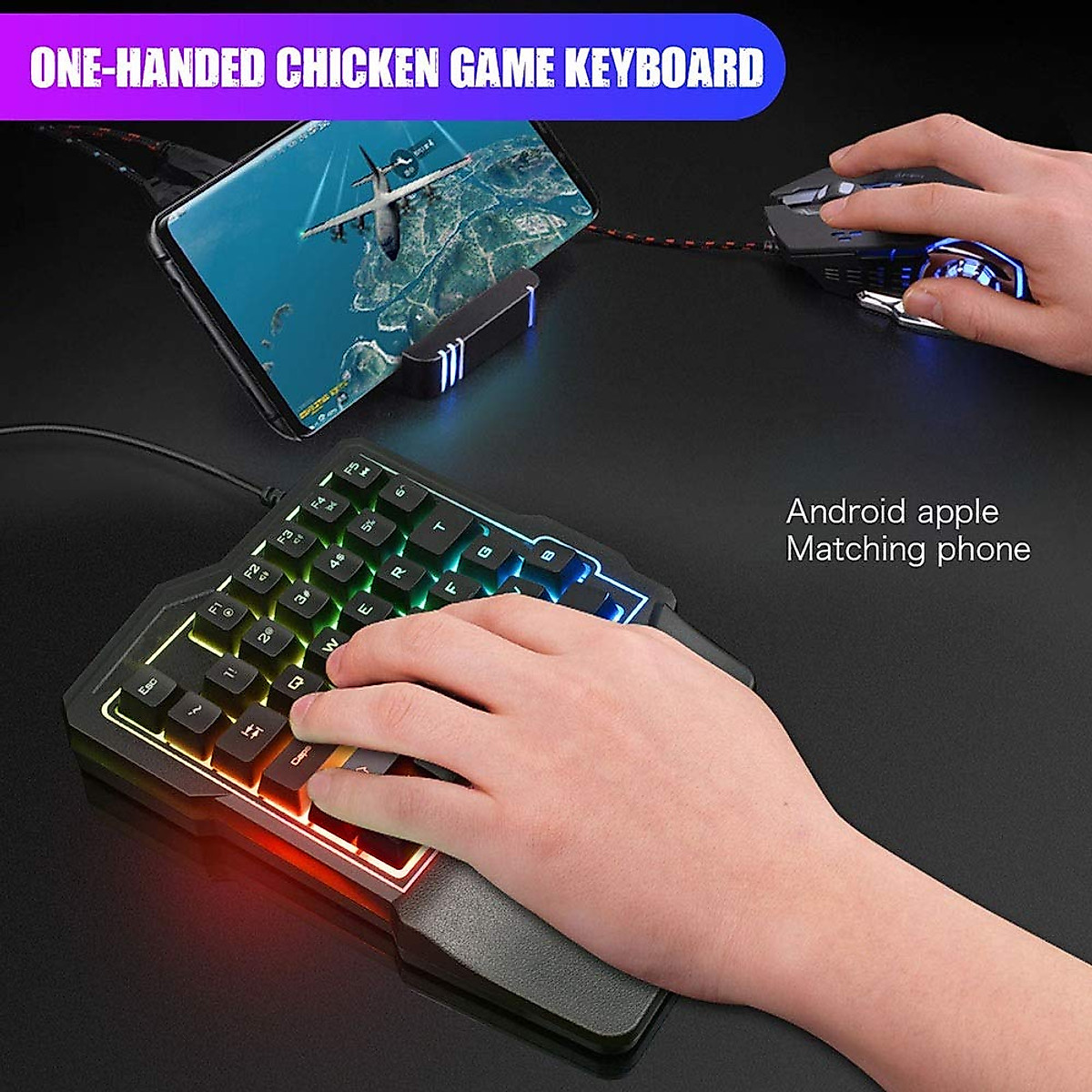 whdz USB Wired Mechanical Feeling Keyboard Mouse Set Ergonomic Single Hand Gaming Keyboard and Backlit Mouse Combo with Wrist Rest Support