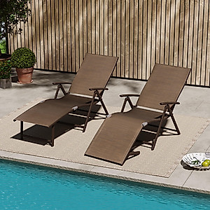 VredHom 2PCS Patio Chaise Lounge Outdoor Adjustable Folding Lounge Chair Recliner with 8 Adjustable Backrest Positions for Pool Beach Yard, Brown Textliene and Brown Aluminum Frame