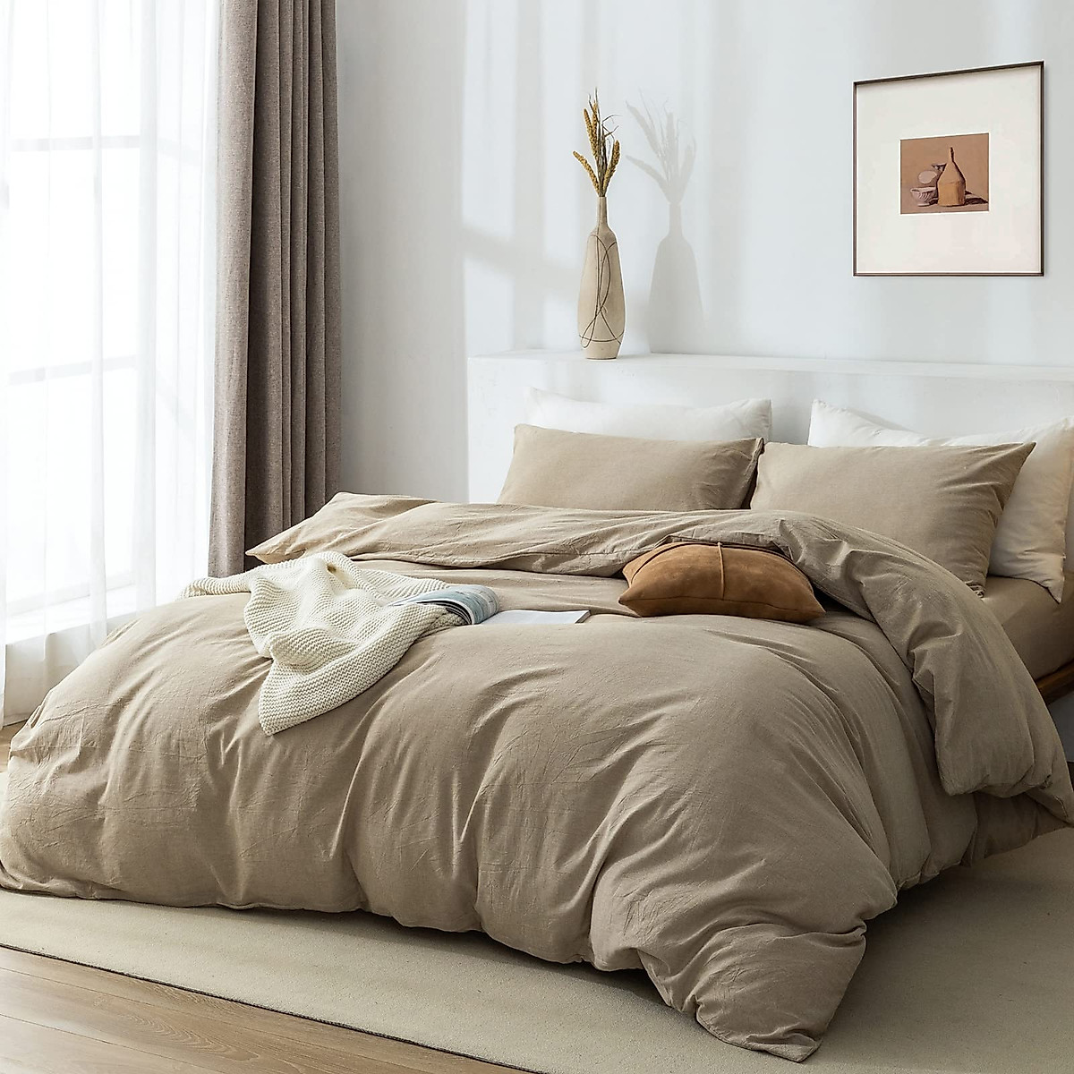 TIPTOE BEAR King Duvet Cover Set- 100% Washed Cotton 3 Pcs Soft Comfy Breathable Chic Linen Feel Bedding, 1 Duvet Cover and 2 Pillow Shams, Beige