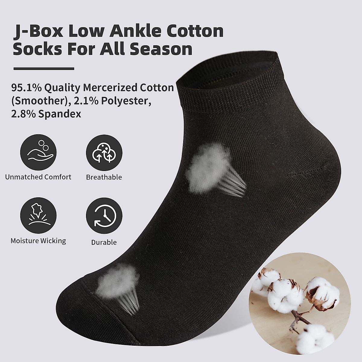 J-BOX 8 Packs Cotton Socks for Men Low Cut Breathable Multipairs Running for Men Ankle Socks