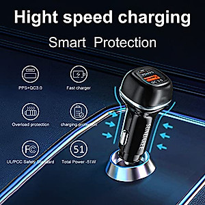 USB C Car Charger Adapter,SUNDAREE 51W Car Charger Fast Charging, PD PPS QC3.0 Fast USB Car Charger Adapter Compatible with iPhone 14 13 12 Pro Max XS, Samsung S22/21/10, Note20/10