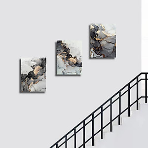 JGSHJF 3 Panel Canvas Wall Art Prints Black and White Grey Abstract Modern Framed Gold Fluid Lines Ink Painting Marbling Picture Home Bedroom Decor Print Poster Contemporary Hanging Artwork (12X16)