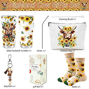 Keluna Highland Cow Gifts for Women - 4Pcs Sunflower Highlandcow Gift, 20oz Highland Cattle Tumbler with Lid Straw Cattle Makeup Bag Keychain Socks for Cow Lovers Girls Birthday Christmas Gifts