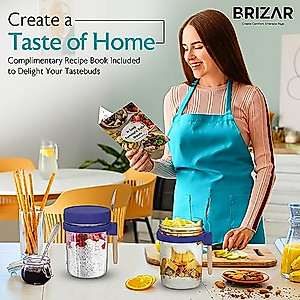 BRIZAR Glass Overnight Oats Containers with Lids - Airtight Overnight Oats Jars & Recipe Book - Overnight Oats Container for Food Storage, Oatmeal, Chia Pudding, Fruit, Yogurt - 2 Pack, 10 oz