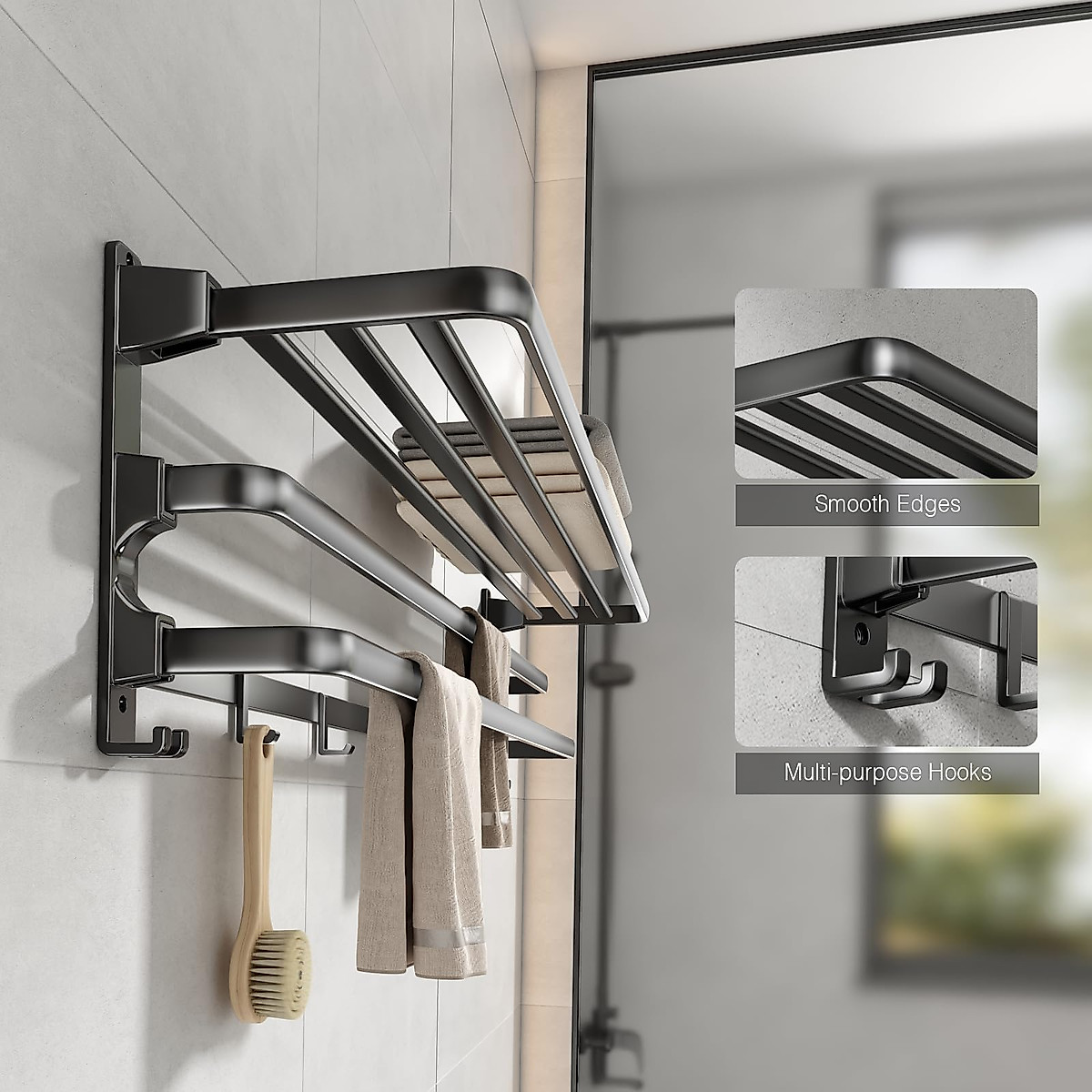 VOLDRA 24-Inch Towel Rack,Bathroom Towel Shelf with 2 Towel Bar Foldable Towel Holder with 7 Hooks Towel Storage Organizer for Bathroom & Lavatory Wall Mounted (Matte Black)