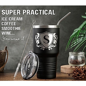 Onebttl Personalized Gifts for Men with Initial J, Monogrammed Travel Tumbler for Him, Custom Coffee Cups, Unique Birthday Christmas Gifts for Men who Have Everything, Black, 30oz